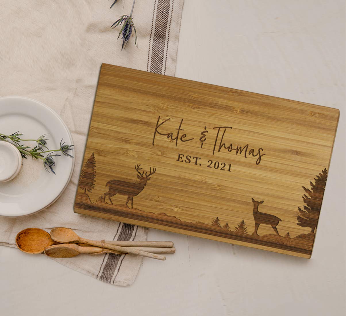 Andaz Press Personalized Large Bamboo Wood Cutting Board Gift, 17.75 x 11-inch, James & Emma, Est. 2024, Rustic Deer Forest, 1-Pack, Custom Engraved Serving Chopping Board Christmas