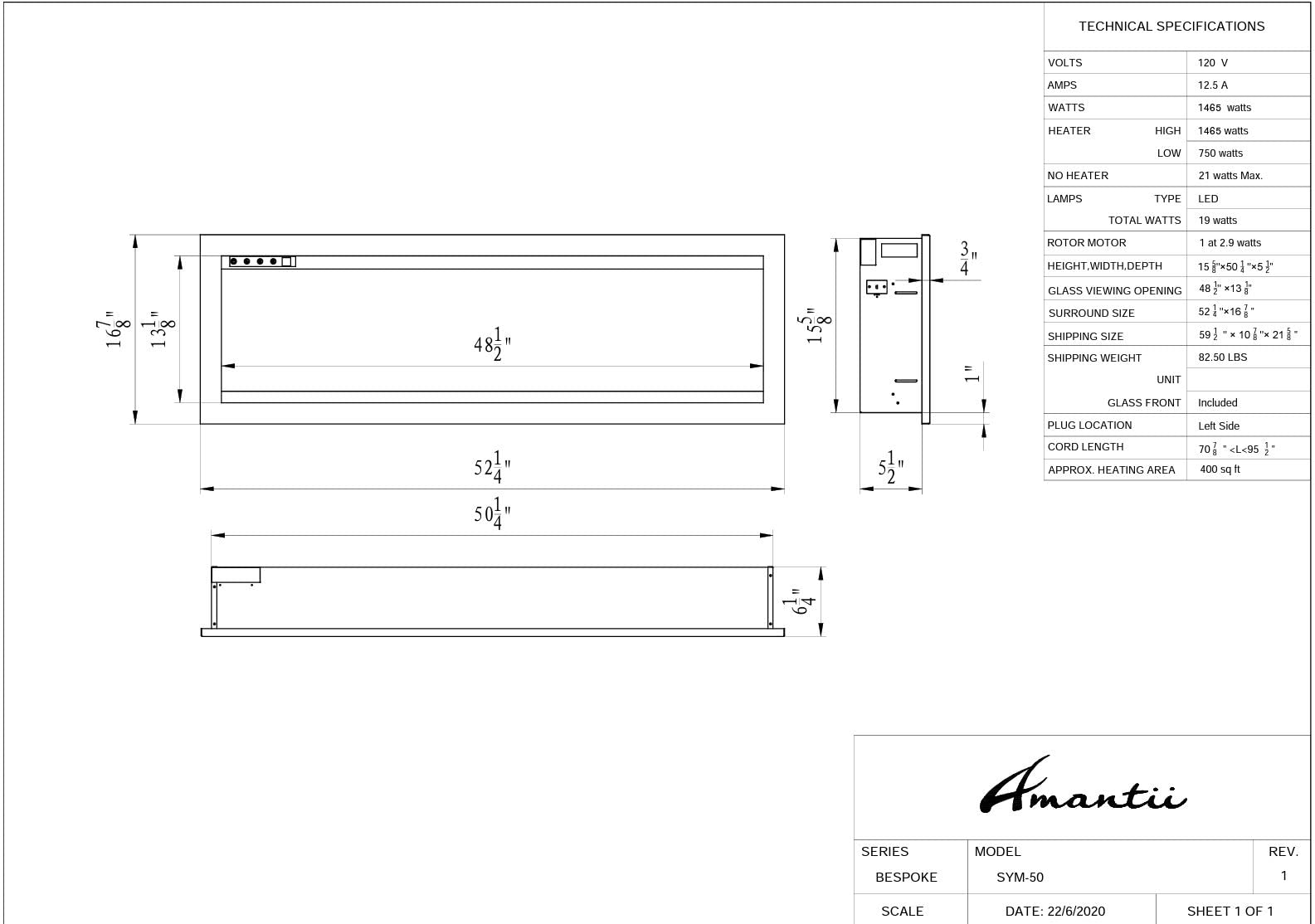 Amantii SYM-50-BESPOKE Symmetry Series Bespoke 50-Inch Built-in Electric Fireplace with Remote, Ember Media, Black Steel Surround