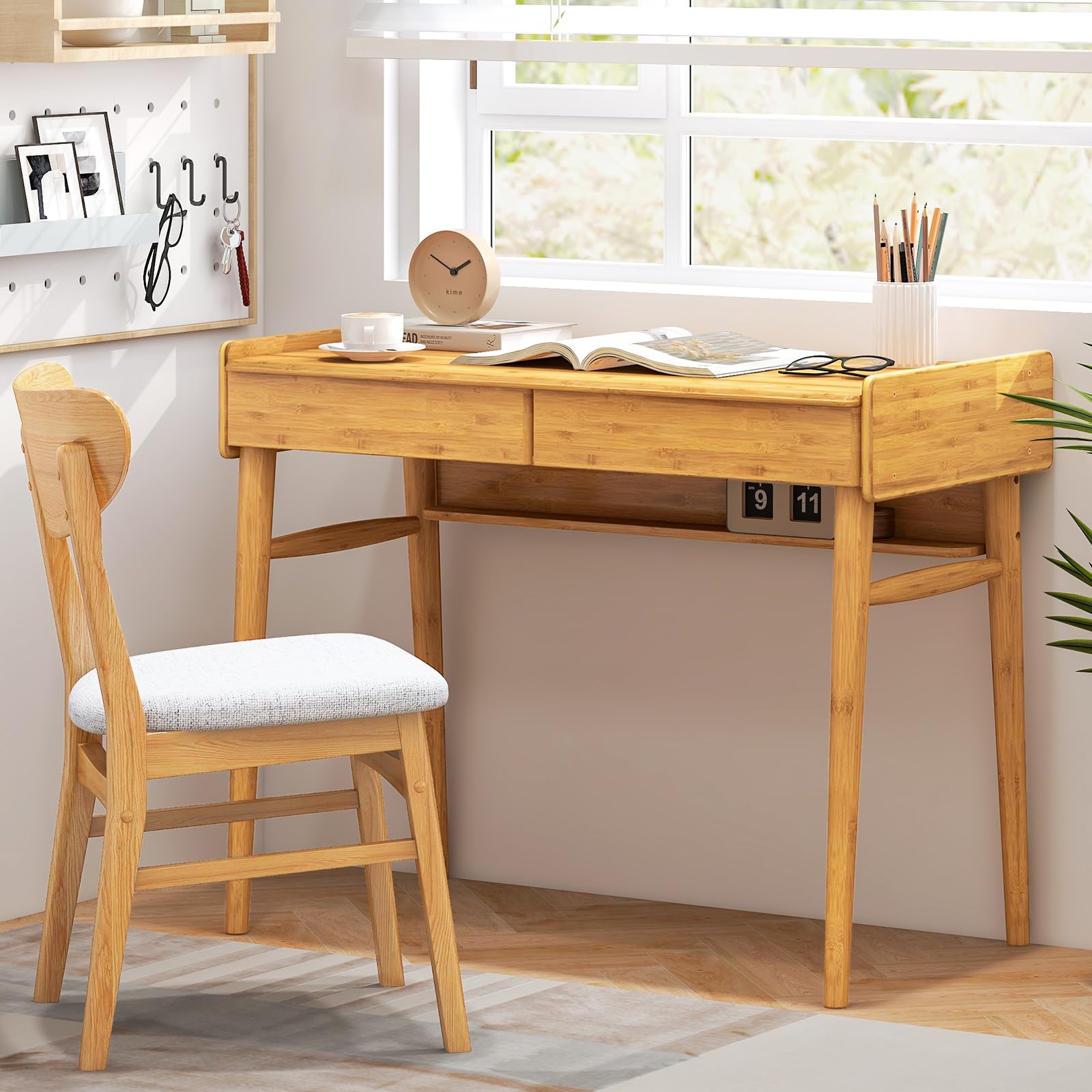 Tangkula Bamboo Mid Century Desk with 2 Storage Drawers, Home Office Study Writing Desk with Shelf & Cable Management Groove, Home Office Desk for Working & Learning