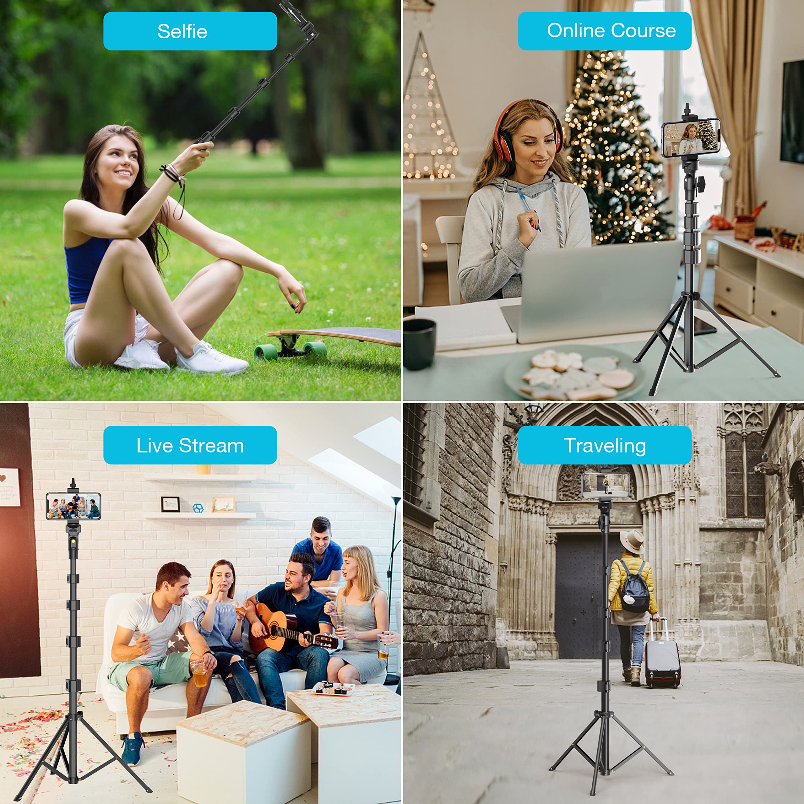 55” Phone Tripod Stand & Selfie Stick Tripod, All-in-One Extendable Camera & Cell Phone Tripod with Wireless Remote and Phone Holder, Compatible with iPhone Andriod Phones Black
