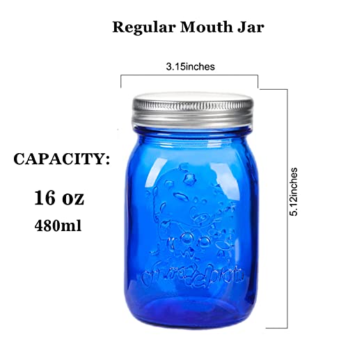 Amzcku 16 oz Blue Mason Jars with Lids,Regular Mouth Canning Jar, 6 Pack Multifunction Glass Container, for Storage, Canning, Pickling, Preserving, Fermenting, DIY Crafts & Decor…
