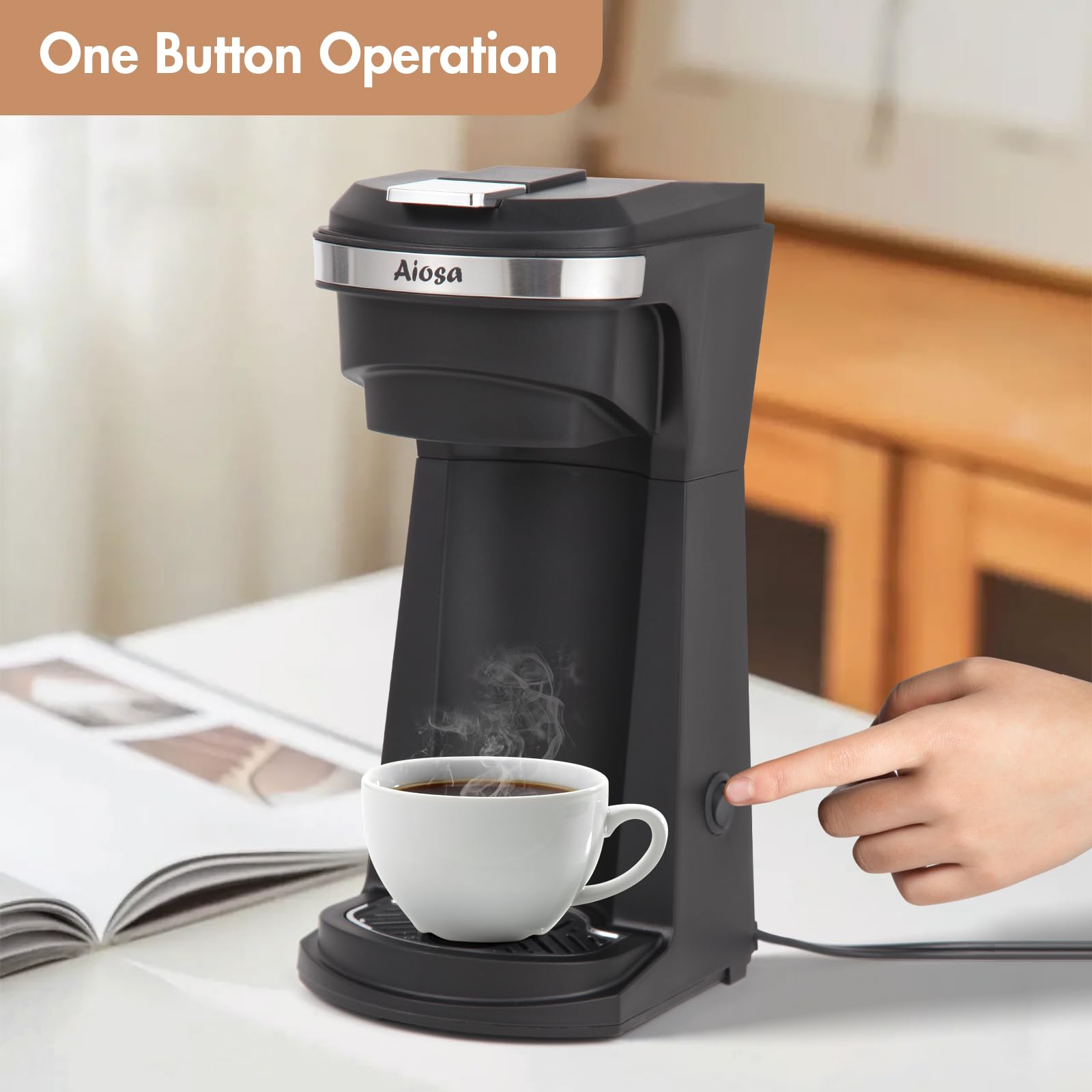 Aiosa Single Serve K Cup Coffee Maker And Ground Coffee Machine 2 in 1, 8 to 14 Oz Brew Sizes, Mini Personal One Cup Coffee Maker, Fits 7in.Travel Mug,Auto Shut Off,800W,Reusable Filter, CM-208RM1