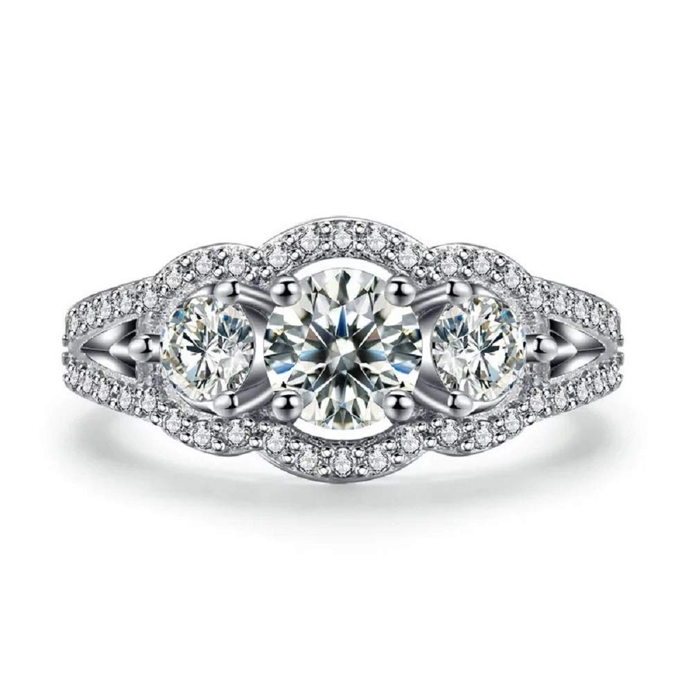 ABIRTE Rhodium Plated Sterling Silver Round Cubic Zirconia CZ 3-Stone Anniversary Engagement Split Shank Ring Wedding Rings for Women Engagement Ring Set 925 Sterling Silver (10)