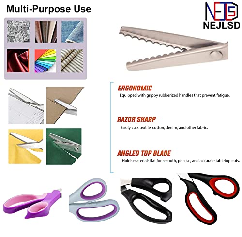 NEJLSD Pinking Shears for Fabric Scalloped 5mm, Stainless Dressmaking Sewing Scissors Steel Handled Professional Zig Zag Fabric Craft Scissors 9.3 inch (Purple)