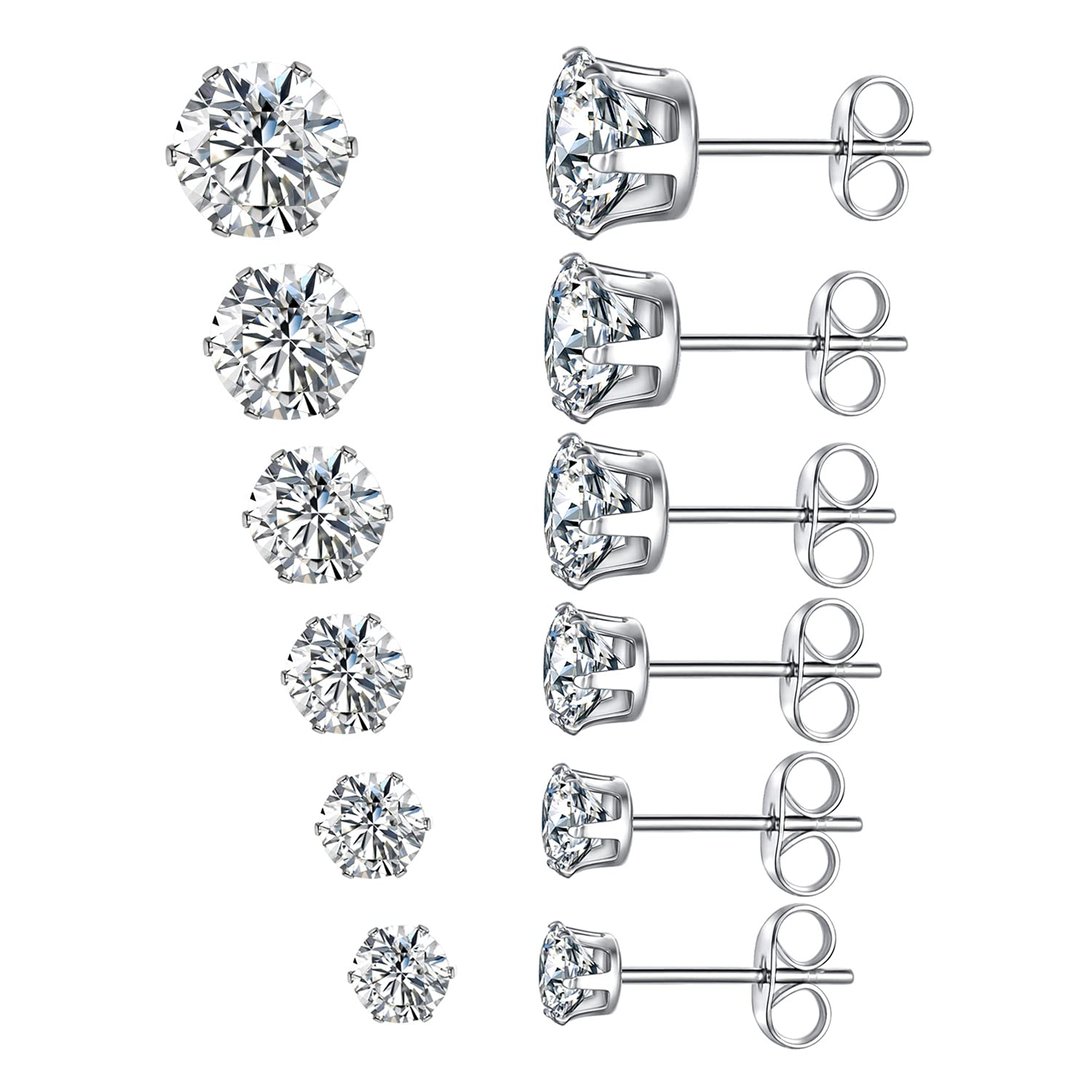 6 Pairs Stainless Steel Stud Earrings Set,Stainless Steel Hypoallergenic Cubic Zirconia Earring Stud earrings Set(6 Pairs)