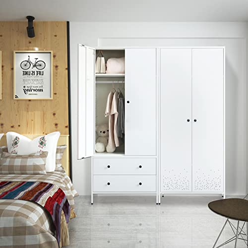CJF Metal Storage Wardrobe with Hanging Rod, Armoire with 2 Doors and 2 Drawers,Steel Wardrobe Closet for Home, Office 74" H x 31.5" W x 20" D (White)