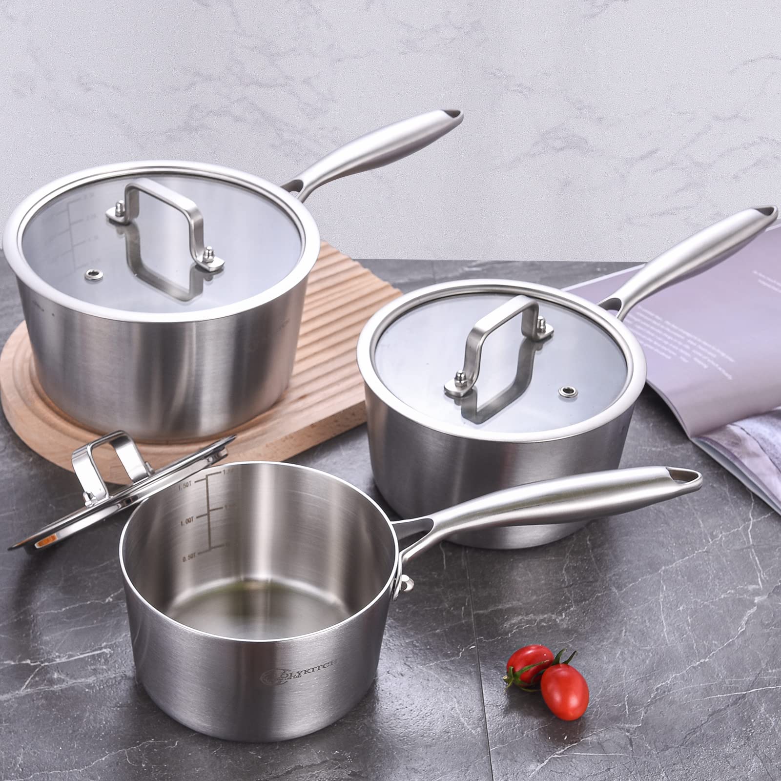 LOLYKITCH 1.5-2.5-3.0 QT, Tri-Ply Stainless Steel Saucepan Set of 3,Induction Cooking Pots,Sauce Pots with Lids,Pots and Pans Set,Detachable Handle and Dishwasher Safe.
