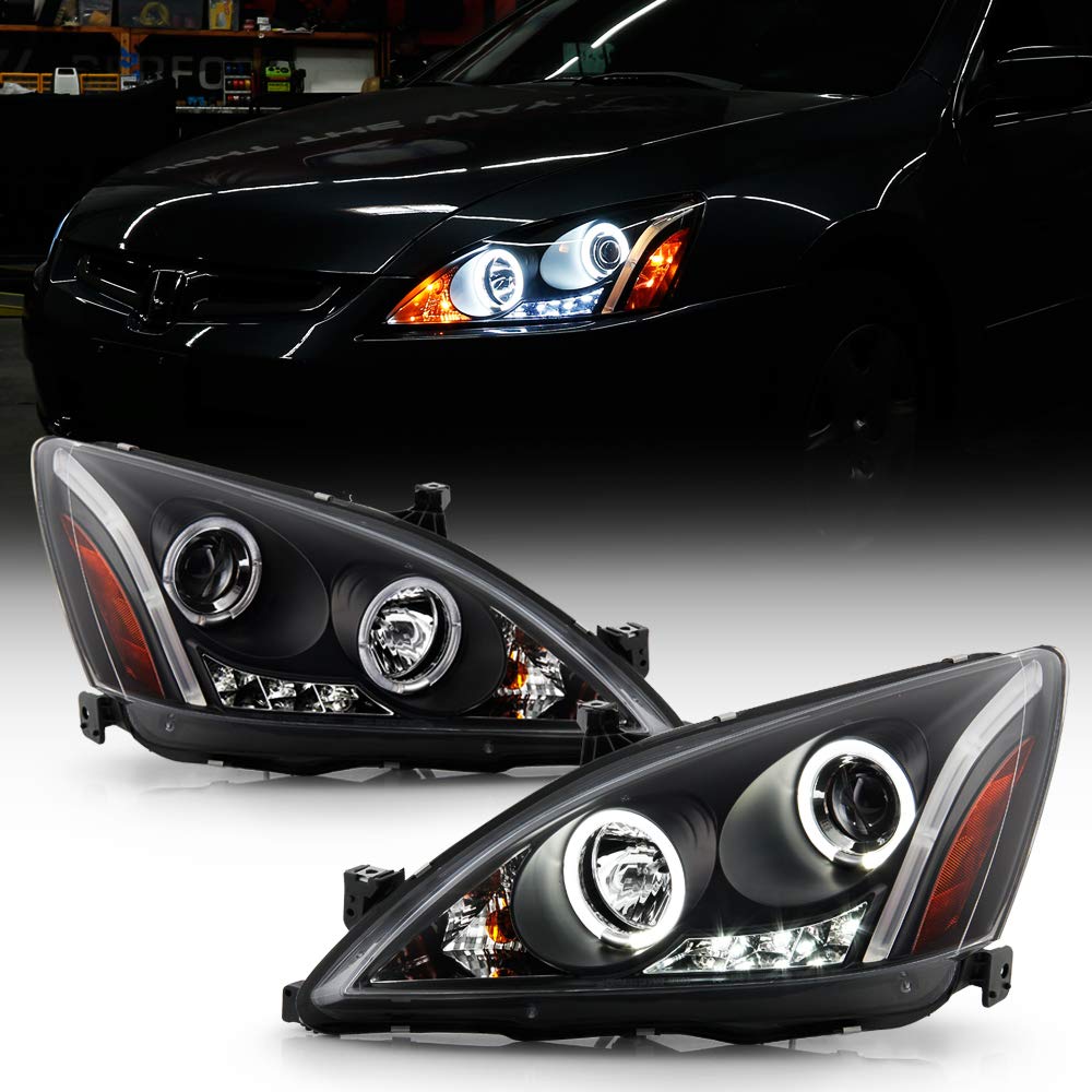 ACANII - For 2003-2007 Honda Accord LED Dual Halo Black Housing Projector Headlights Headlamps, Driver & Passenger Side