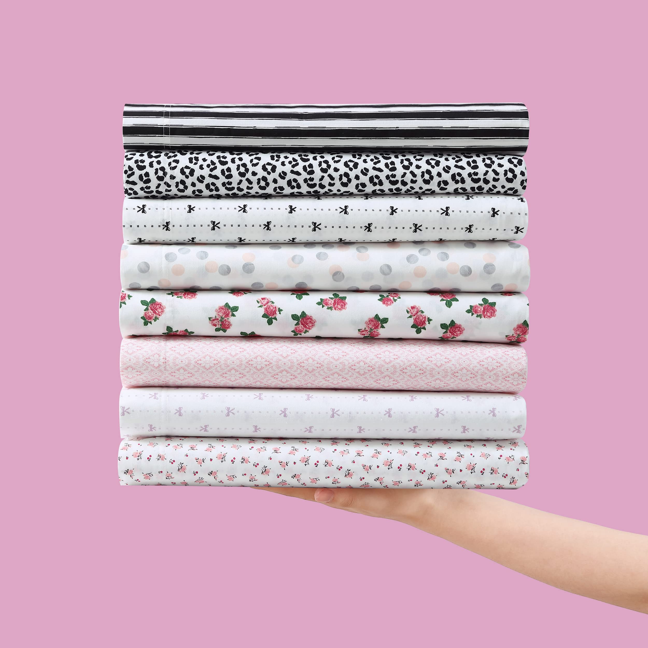Betsey Johnson- Twin Sheet Set, Cotton Percale Bedding Set, Crisp & Cool, Lightweight & Breathable (Baby Buds Pink, Twin)