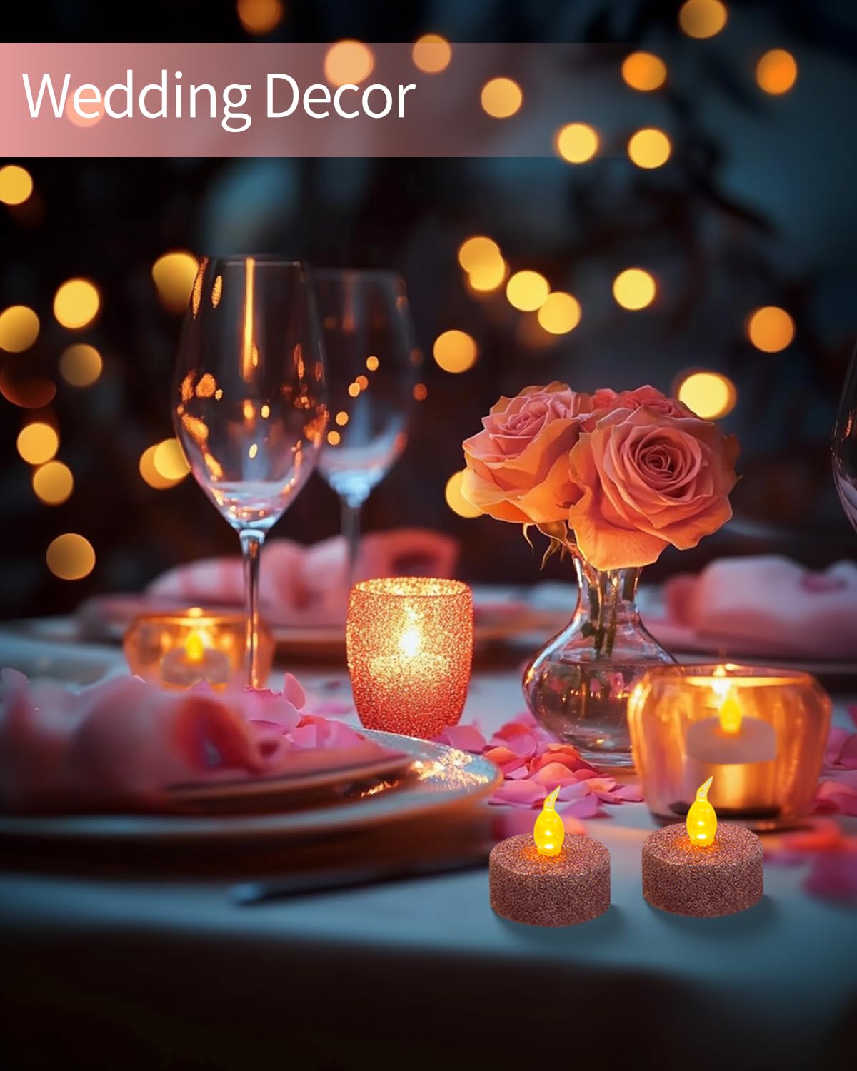 Finecombuy Rose Gold Candles Battery Operated,Glitter Tea Lights with Timer,Flameless Flickering Tealight Led Votive Candles for Home Decor,Wedding,Anniversary
