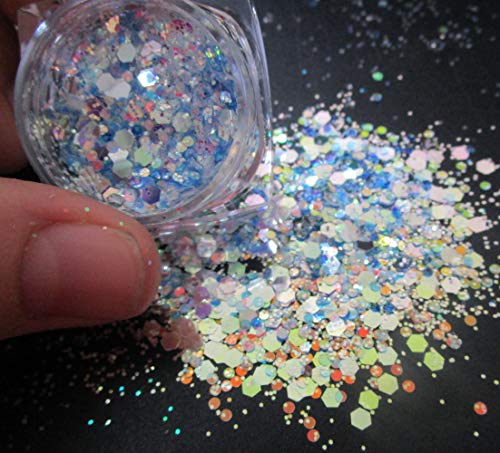 LuckForever 12 Colors Chunky Body Glitters Iridescent White Pink Purple Hexagon Nail Glitters Sequins Flakes Powder for Acrylic Nails Crafts Paints Resin Cosmetics