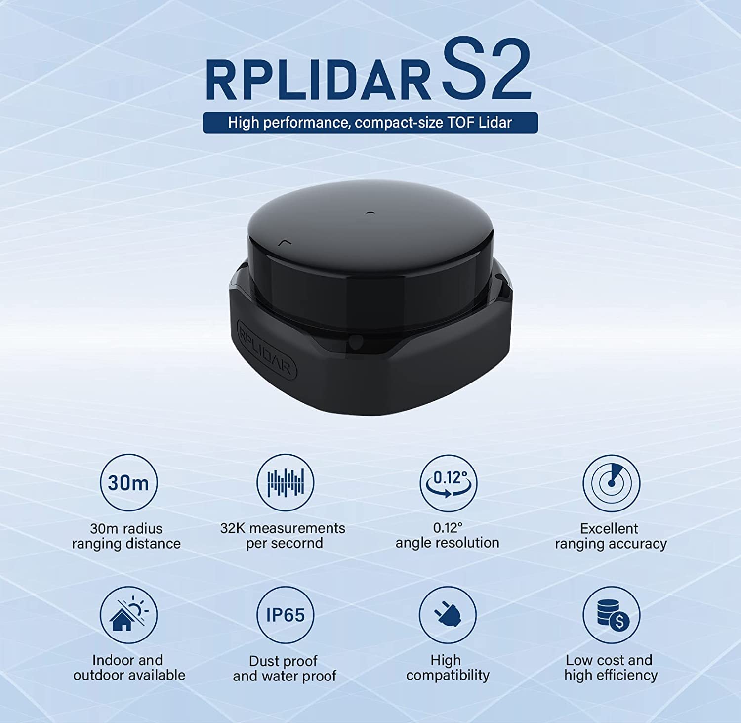 Seeed Studio RPLiDAR S2 Low Cost 360 Degree DTOF Laser Range Scanner, Lidar Scanner with 30 Meter Radius Ranging Distance, and 0.12° Angle Resolution, IP65-Rated for Indoor/Outdoor Use.