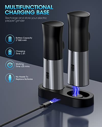 Gravity Electric Salt and Pepper Grinder Set - USB Rechargeable Automatic Pepper Mill Grinder - Generous Capacity - Adjustable Fineness - One Handed Operation, Stainless Steel Construction, LED Light