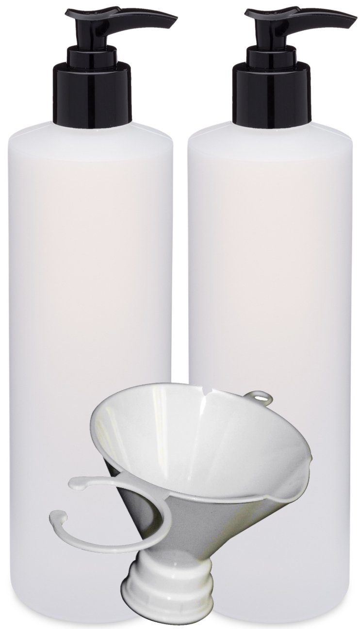Earth's Essentials Two Pack Of Refillable 16 Oz. HDPE Plastic Pump Bottles With Patented Screw On Funnel-Great For Dispensing Lotions, Shampoos and Massage Oils.