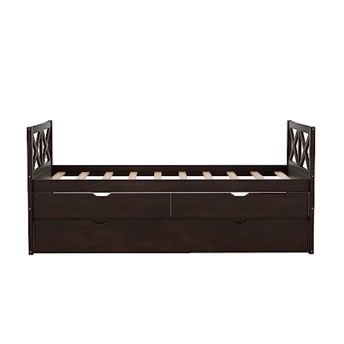 Brisca Twin Size Multi-Functional Daybed with Two Drawers and Trundle,Solid Pine Wood Bed W/X Frame On Side,for Guest Room,Bedroom,Espresso