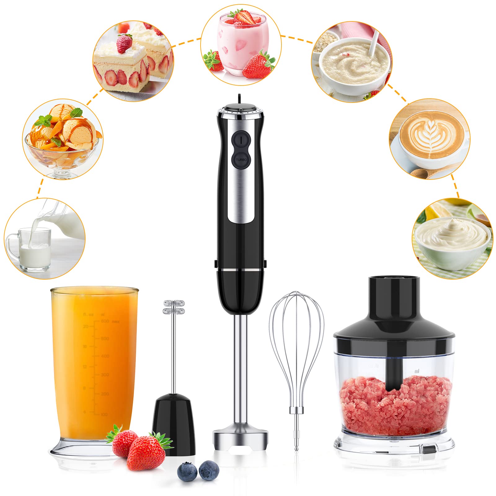 Adoolla 5-in-1 800 Watt Immersion Hand Blender Multi-Purpose, Stainless Steel 12 Speed and Turbo Mode Hand Mixer, 600ml Mixing Beaker, BPA-Free with Whisk, Milk Frother Attachments