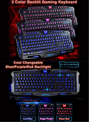 Tri-Color Backlit Gaming Keyboard USB Wired Floating Keyboard, Powered Full N-Key Game Keyboard, Quiet Ergonomic Water-Resistant Mechanical Feeling Keyboard,for Desktop, Computer, PC(Black)