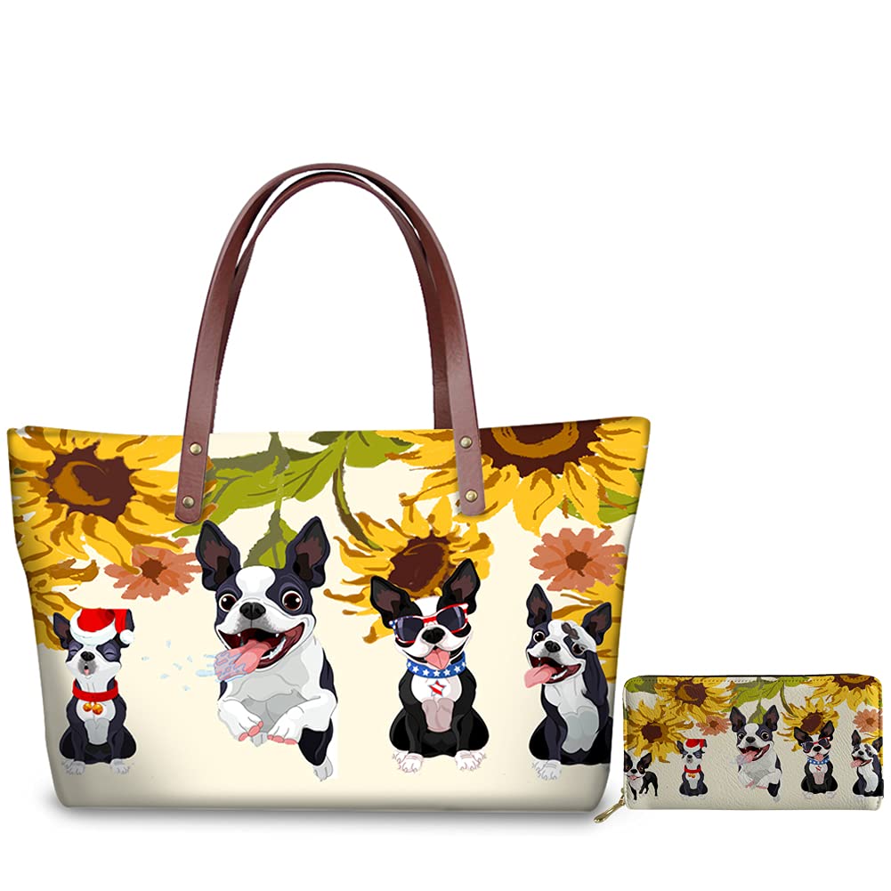 JEOCODY Sunflower Boston Terrier Print Long Wallet Leather Credit Card Holder Organizer Purse Tote Bag Women Travel Handbag Shopping Shoulder Bag for Girls Teens Ladies Gift Bags Set of 2