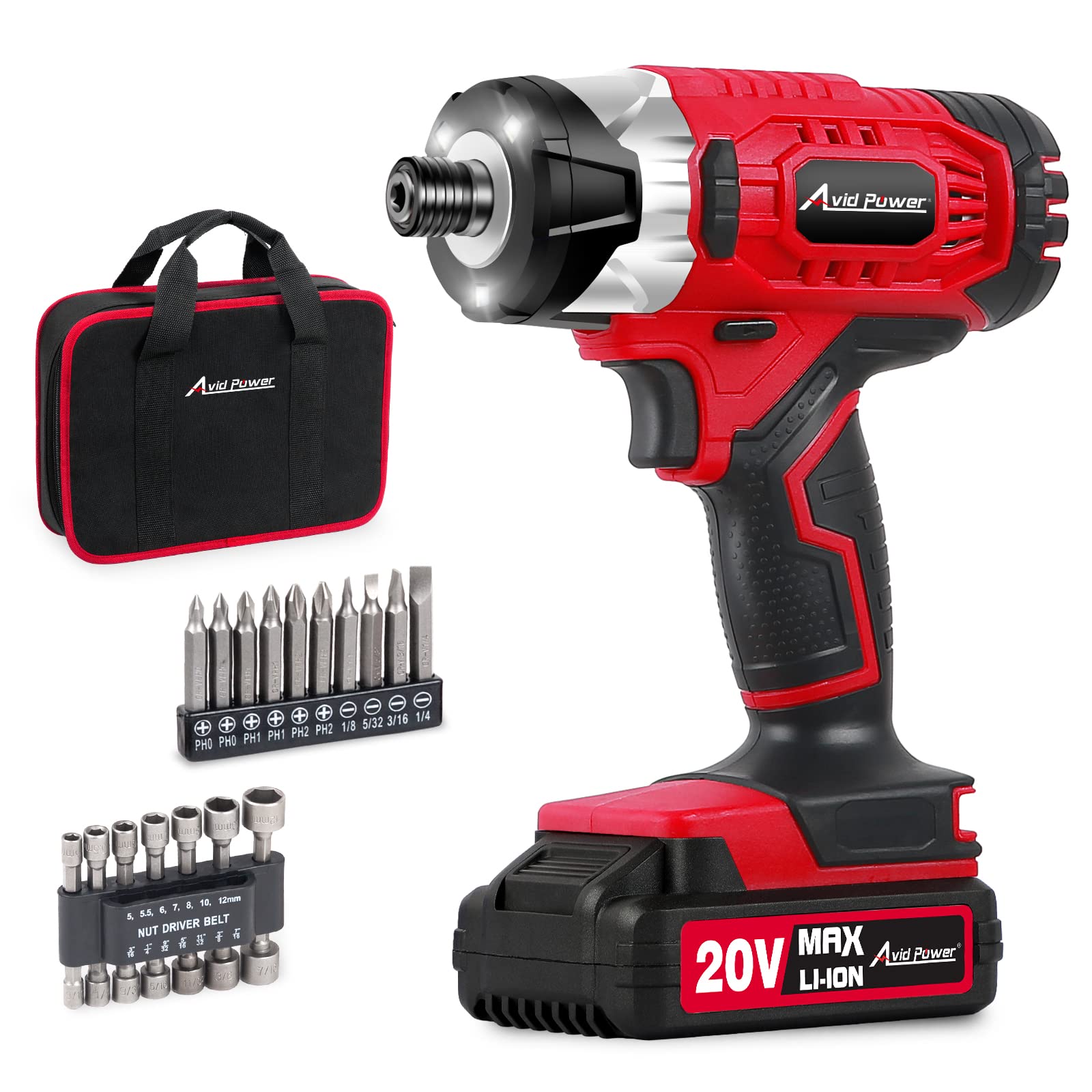 AVID POWER Impact Driver Kit, 180N.m. 20V Cordless 1/4-Inch Hex Impact Drill/Driver Set, Variable Speed, with 14Pcs Sockets, 10Pcs Driver Bits and Tool Bag