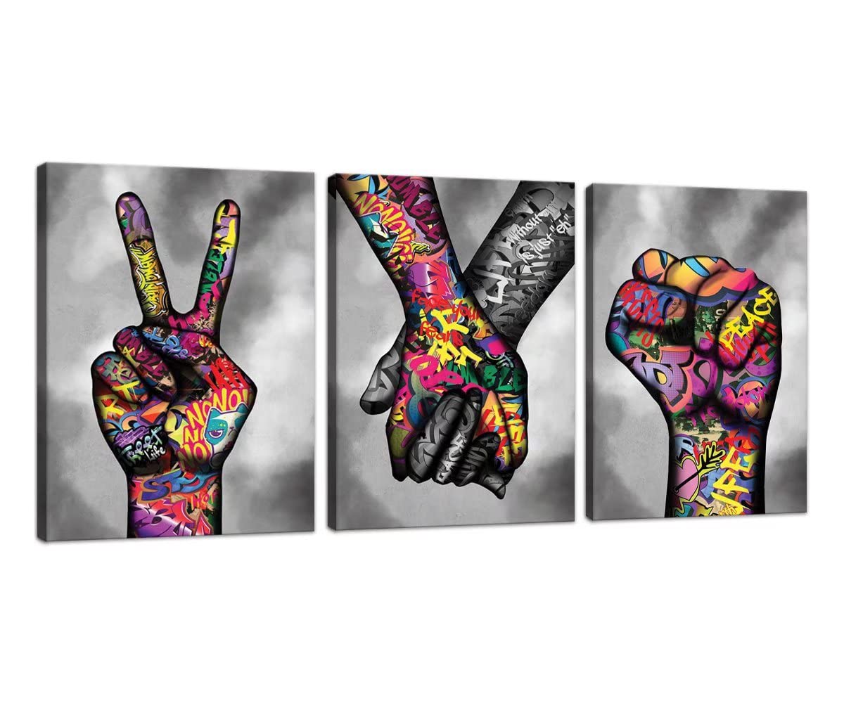 Abstract Graffiti Wall Art Street Pop Art Prints Wall Decor Gesture Graffiti Artwork Framed for Living Room Bedroom Gift for Graffiti Lovers Ready to Hang(12''W x 16''H x 3Pcs)