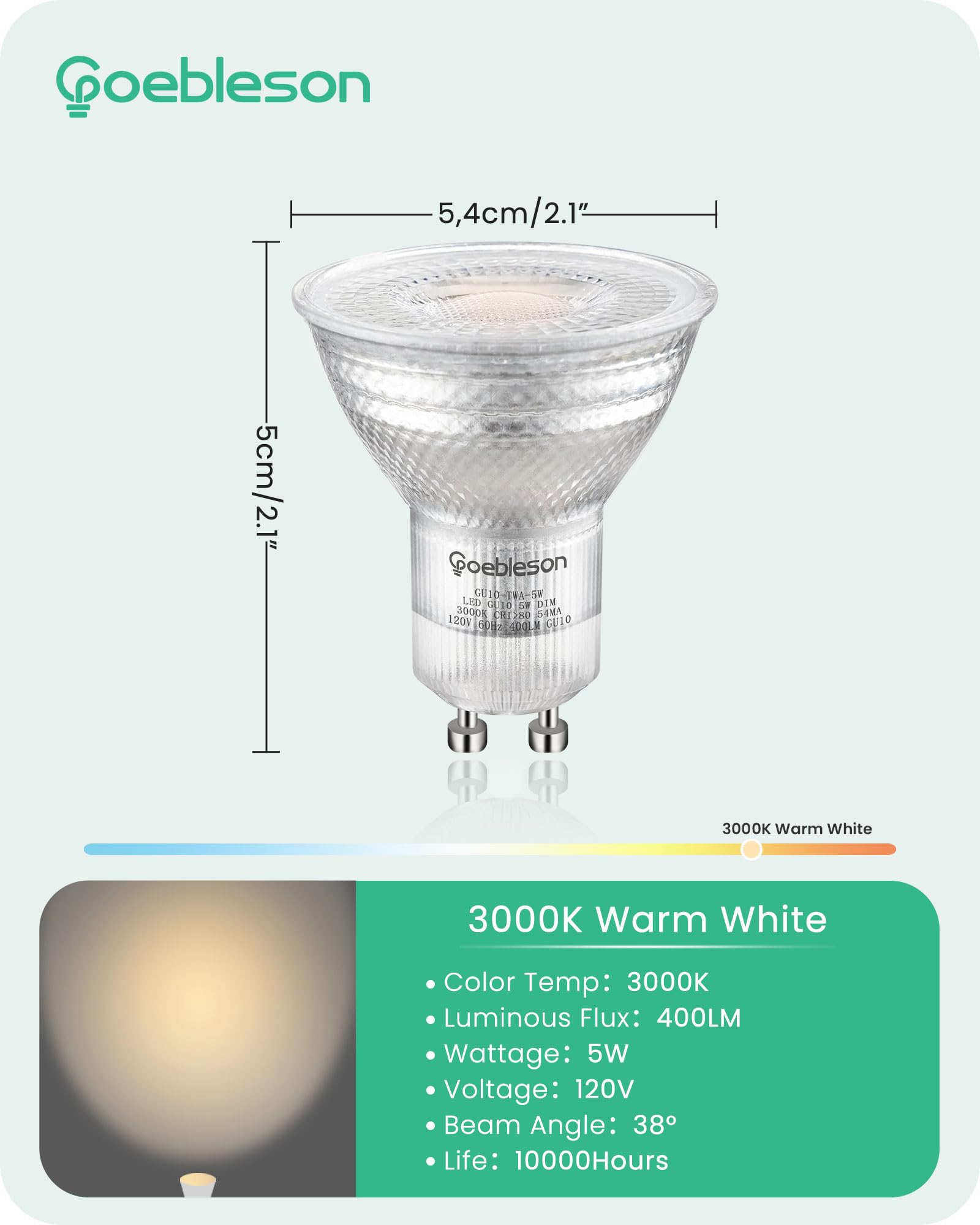 GOEBLESON GU10 LED Bulbs Dimmable, 5W (50W Equivalent) Light Bulbs, 3000K Soft Warm White Track Lighting, 400LM, UL Listed, 6-Pack W08GU1005