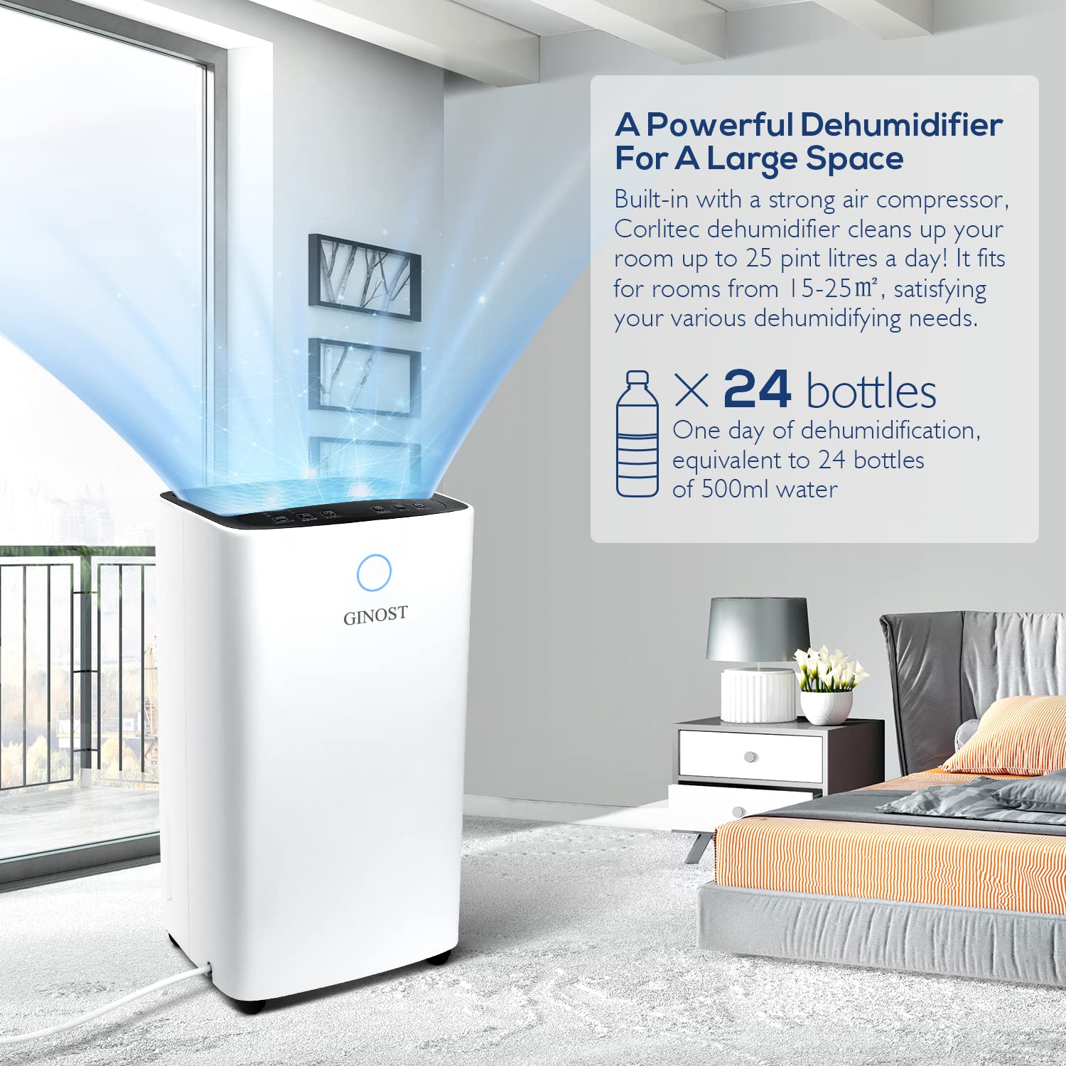 Dehumidifier for Home and Basements 25 Pints for 1500 Sq.Ft, 68oz(0.53gallon) Water Tank Capacity with Drain Hose, Intelligent Humidity Control, Childlock, Laundry Dry