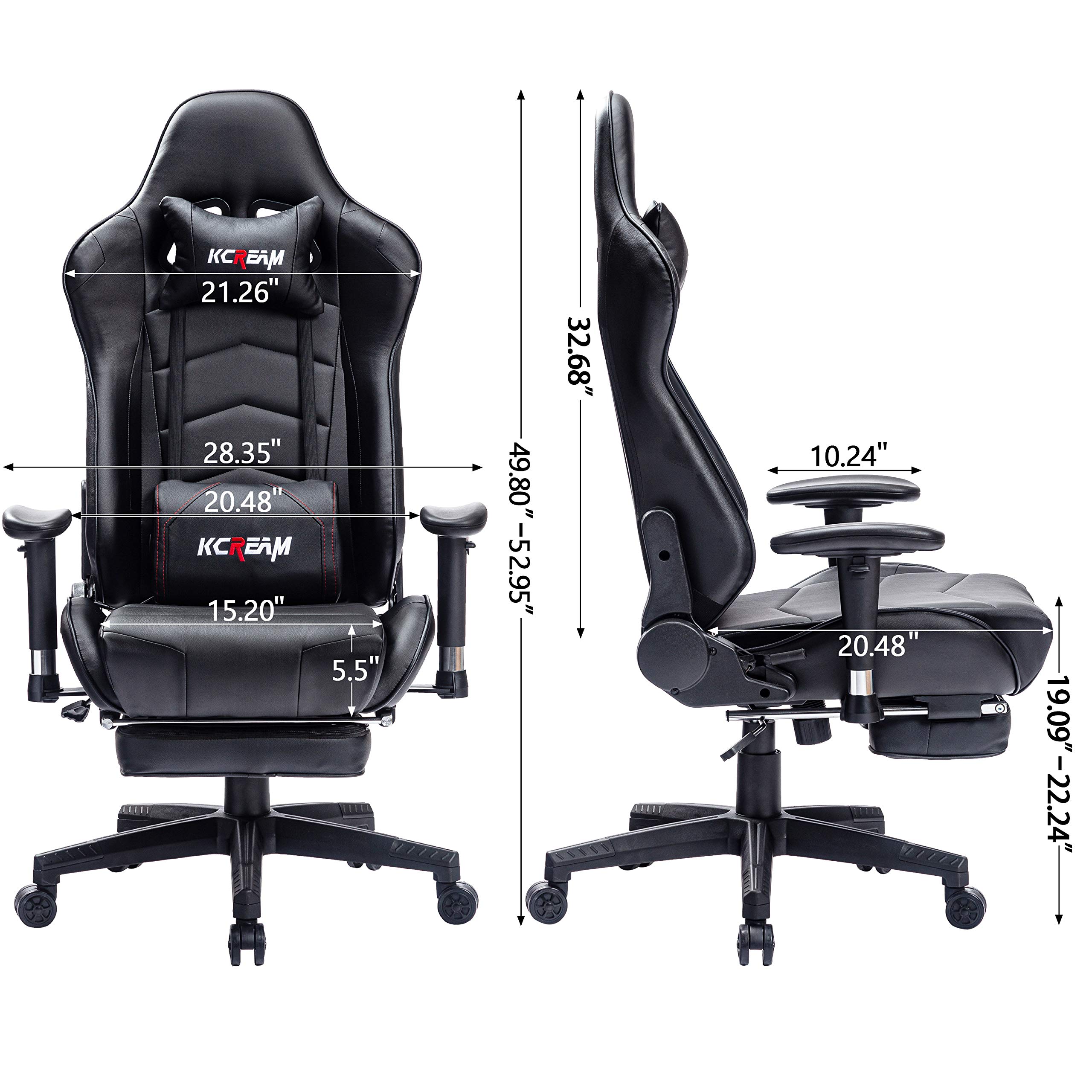 KCREAM Gaming Chair with Footrest Adults Gamer Chair High Back PU Leather Gaming Computer Chair Large Racing Game Chair, with Adjustable Armrests and Massage Lumbar Support (Black)