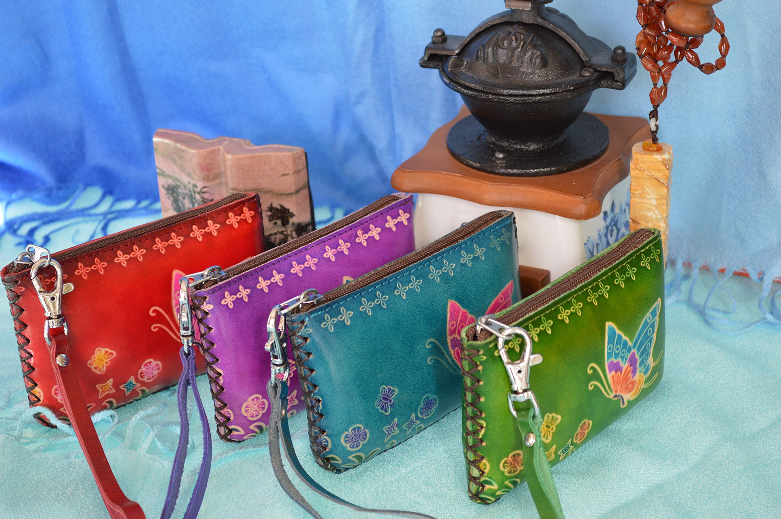 BPLeathercraft Leather Change Purse, handmade Wallet, Rectangle,A Flying Butterfly and Flower (Red-1)