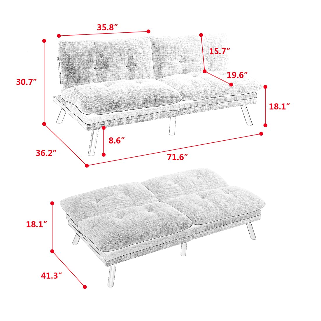Futon Sofa Bed, Convertible Sleeper Sofa with Adjustable Backrest, Loveseat Futon Bed with Black Metal Legs, Breathable Lounge Couch for Apartment, Studio, Office, Small Space (Grey)