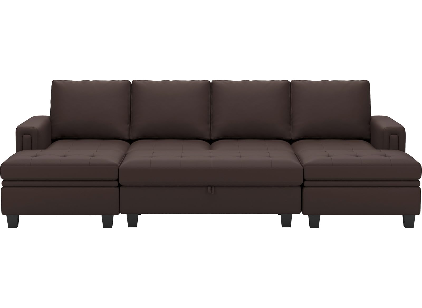 Belffin Faux Leather Convertible 4-Seat Sectional Sleeper Sofa with Reversible Chaise Leather Sleeper Sectional Couch Bed with Storage Ottoman Sectional Sofa Couch Set Brown