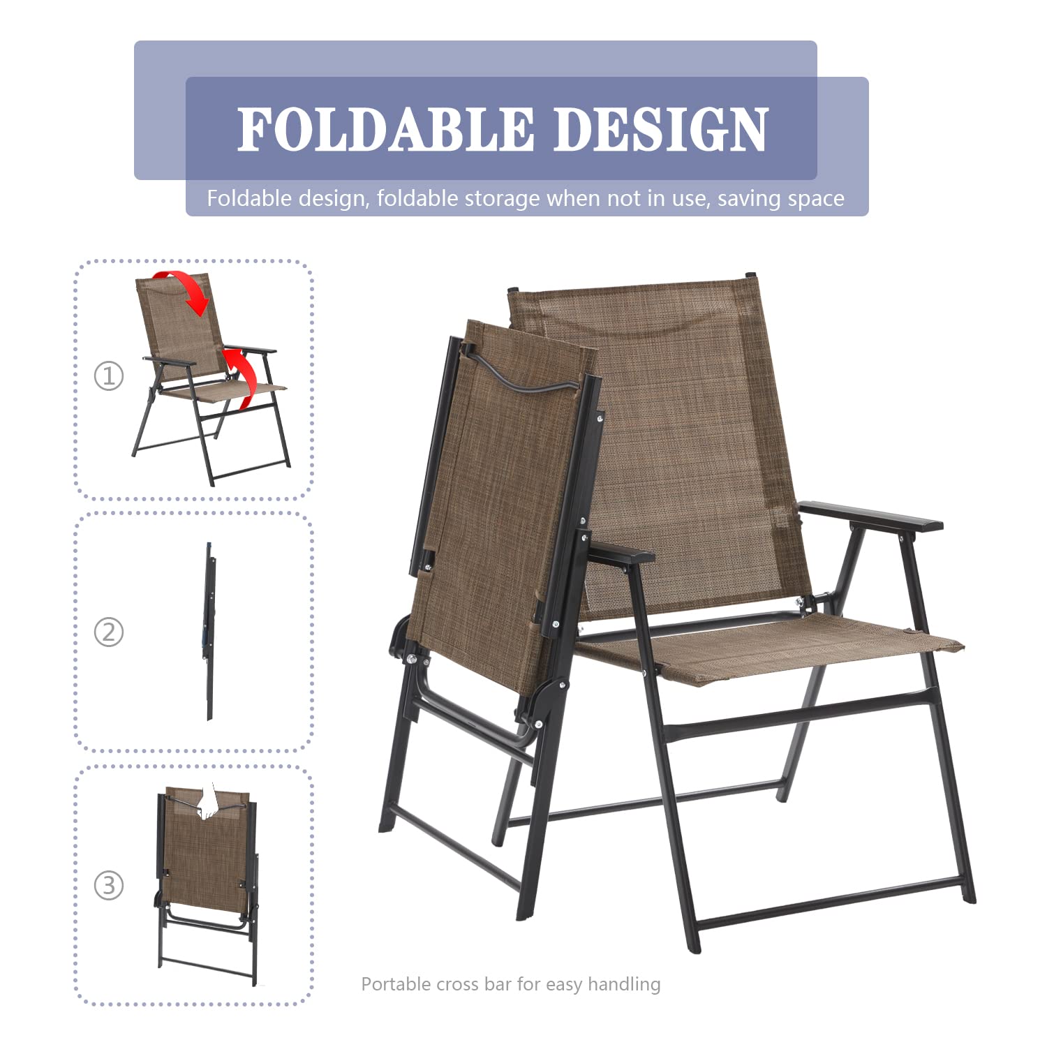 VICLLAX 5 Pieces Outdoor Patio Dining Table and Chairs Set, 4 Portable Dining Chairs & Square Metal Frame Table with Umbrella Hole for Backyard Garden Deck, Brown/Black