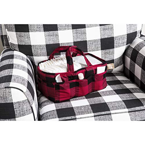 Red and Black Buffalo Check Storage Caddy-Buffalo Check Body and Handles, Herringbone Print Lining, Buffalo Check Trim, Red, Black, Grays, 12 in x 6 in x 8 in