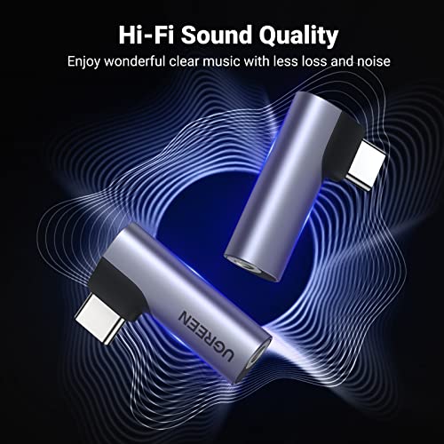 UGREEN USB C to 3.5mm Audio Adapter Type C Aux Headphone Jack DAC Stereo Mic HiFi Right Angle Earphone Dongle Compatible with iPad Pro Air 5 4 Mini 6, Galaxy S23 Ultra S22 S21 S20, Pixel 7 Pro, Gray