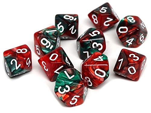 Ten Count Pack of D10 Dice - Matching Collection of 10 Sided Plastic Polyhedral Dice (Green and Red Swirl)