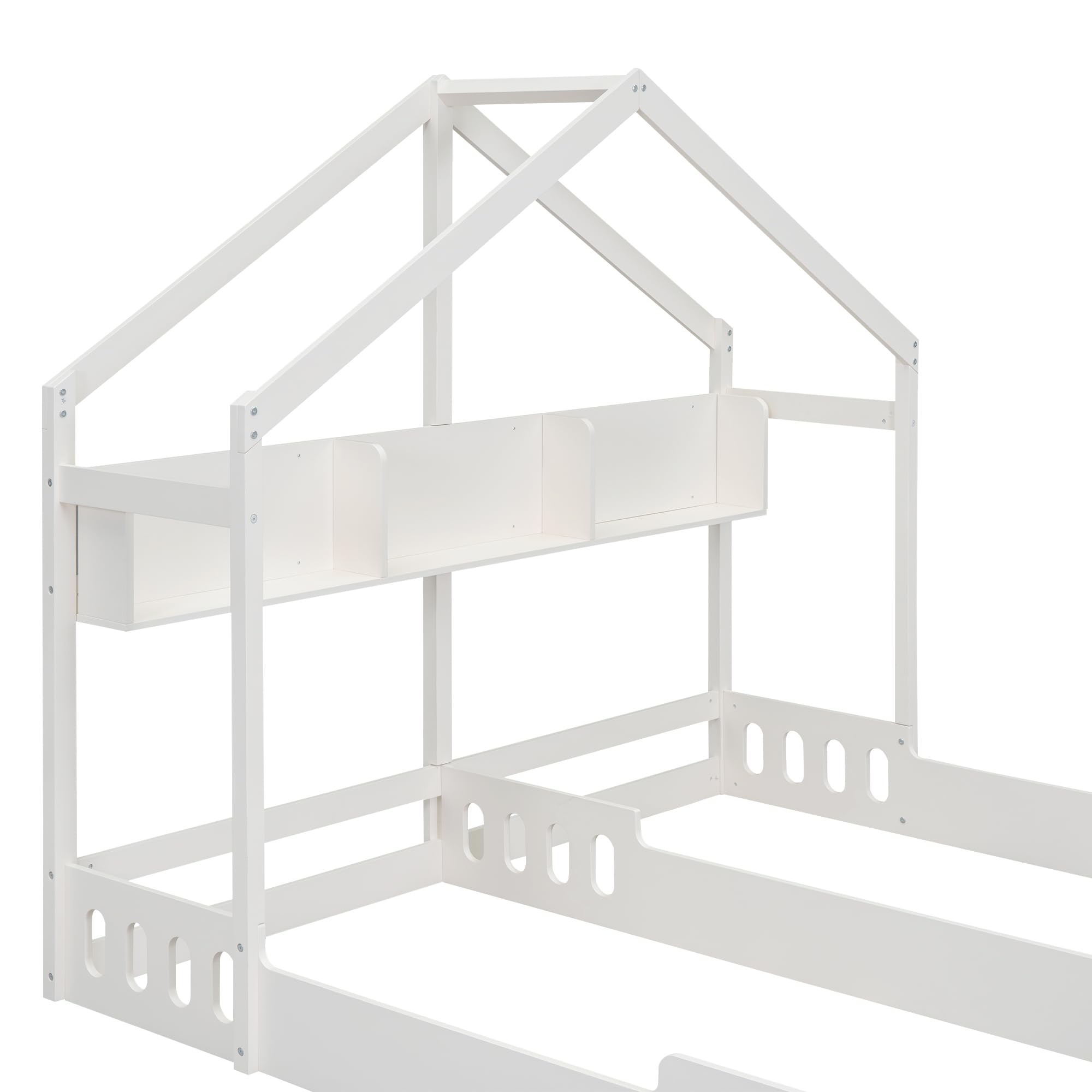 Harper & Bright Designs Twin House Bed for Kids,Wood Double Twin Beds Frame with Shelves and Guardrail, Monressori Floor Bed Two Shared Beds with Rails for Girls or Boys, Creamy White