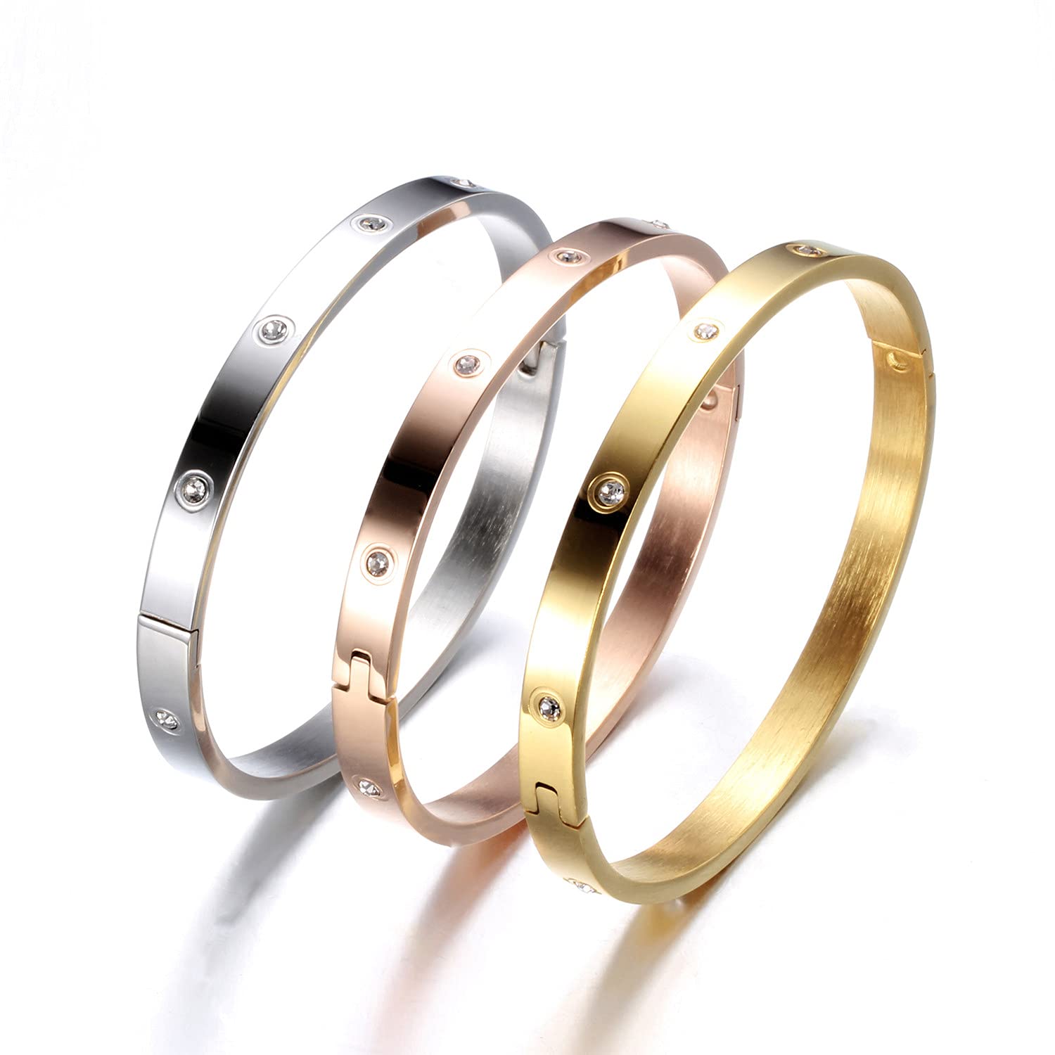 Five Rock Style" Elegant Bracelet Bangles Gift Box, 1 Silver, 1 Gold, 1 Rose Gold, Friendship Jewelry, Stainless Steel Hinged Love Bracelets with Select Cubic Zirconias (17cm)