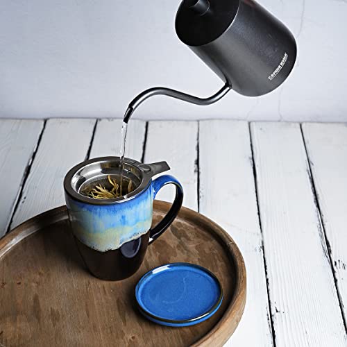 Bosmarlin Ceramic Tea Cup with Infuser and Lid, 13.5 Oz, 4 Colors to Choose, Dishwasher and Microwave Safe, Reactive Glaze, Steeping Tea Mug with Strainer