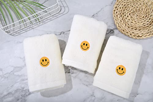 Ohocut 3 Pack Cotton Hand Towels, Decorative Hand Towels for Bathroom, Aesthetic Preppy Cute Smile Face Cream White Bath Hand Towels Set of 3