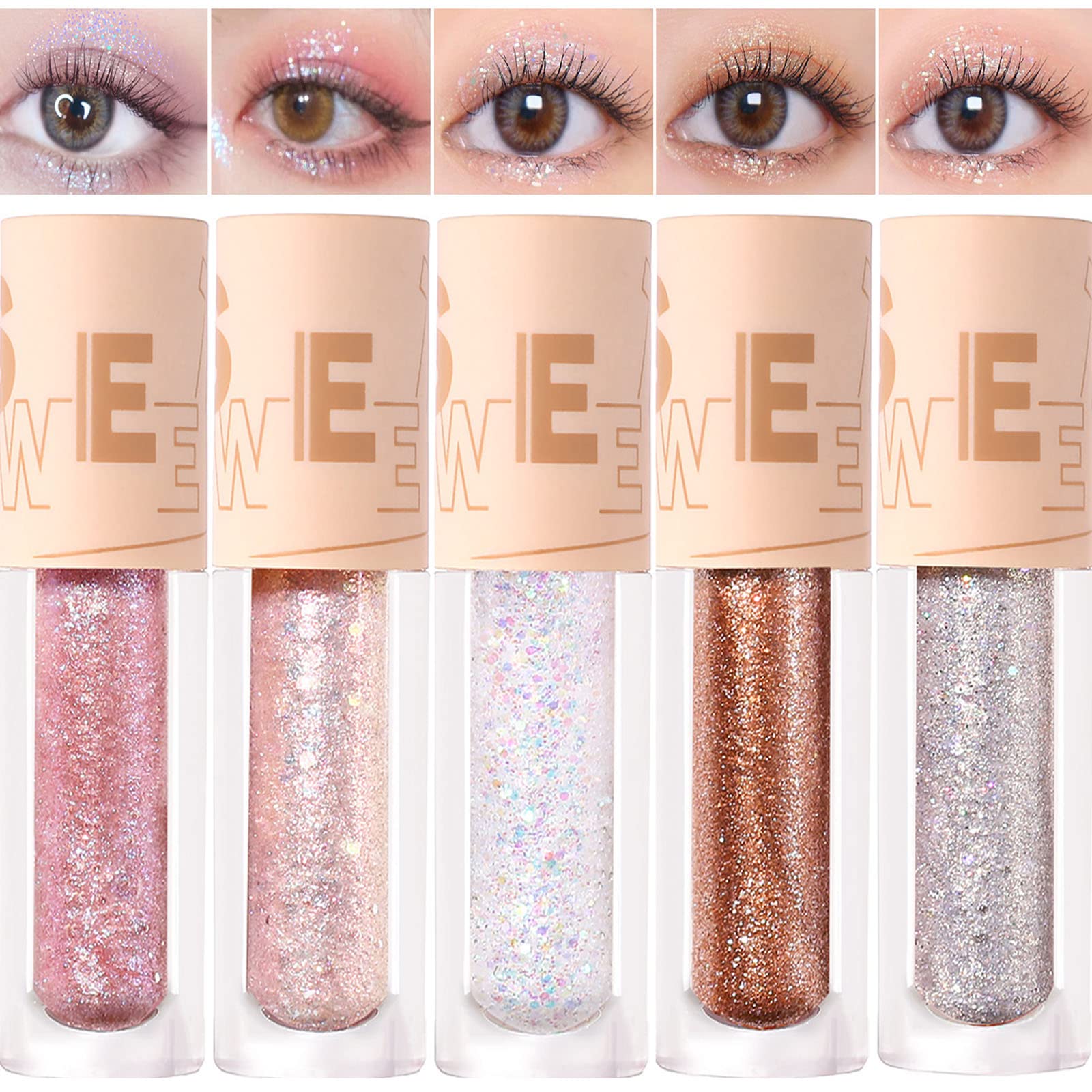 5PCS Liquid Glitter Eyeshadow Set, Shimmer Metallic Eye Shadow Korean Makeup Loose Glitter Glue for Eye Crystals, High Pigmented, Long Lasting, Quick Drying