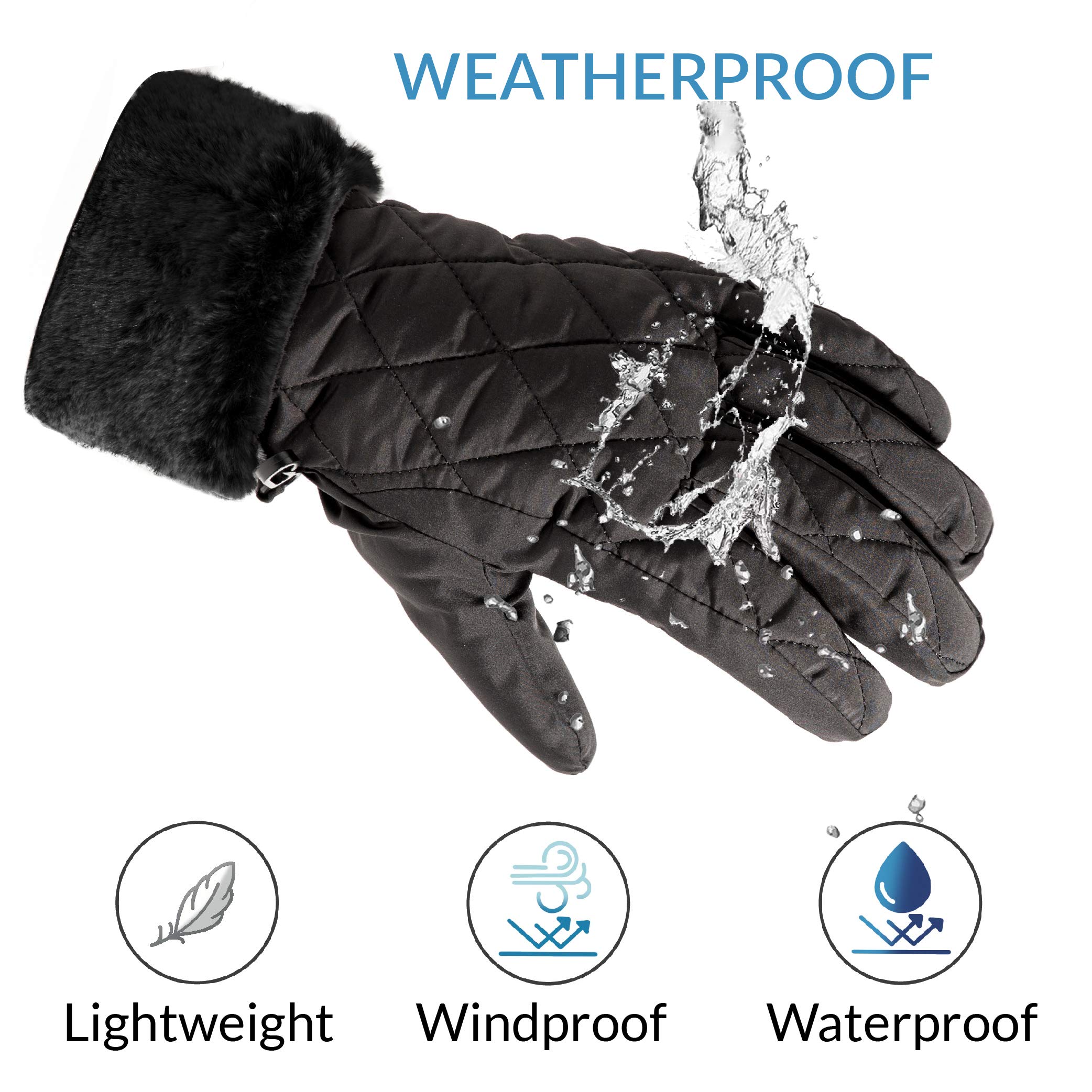 accsa Women Winter Ski Glove Waterproof 3M Thinsulate Warm Windproof Black with Black Fur