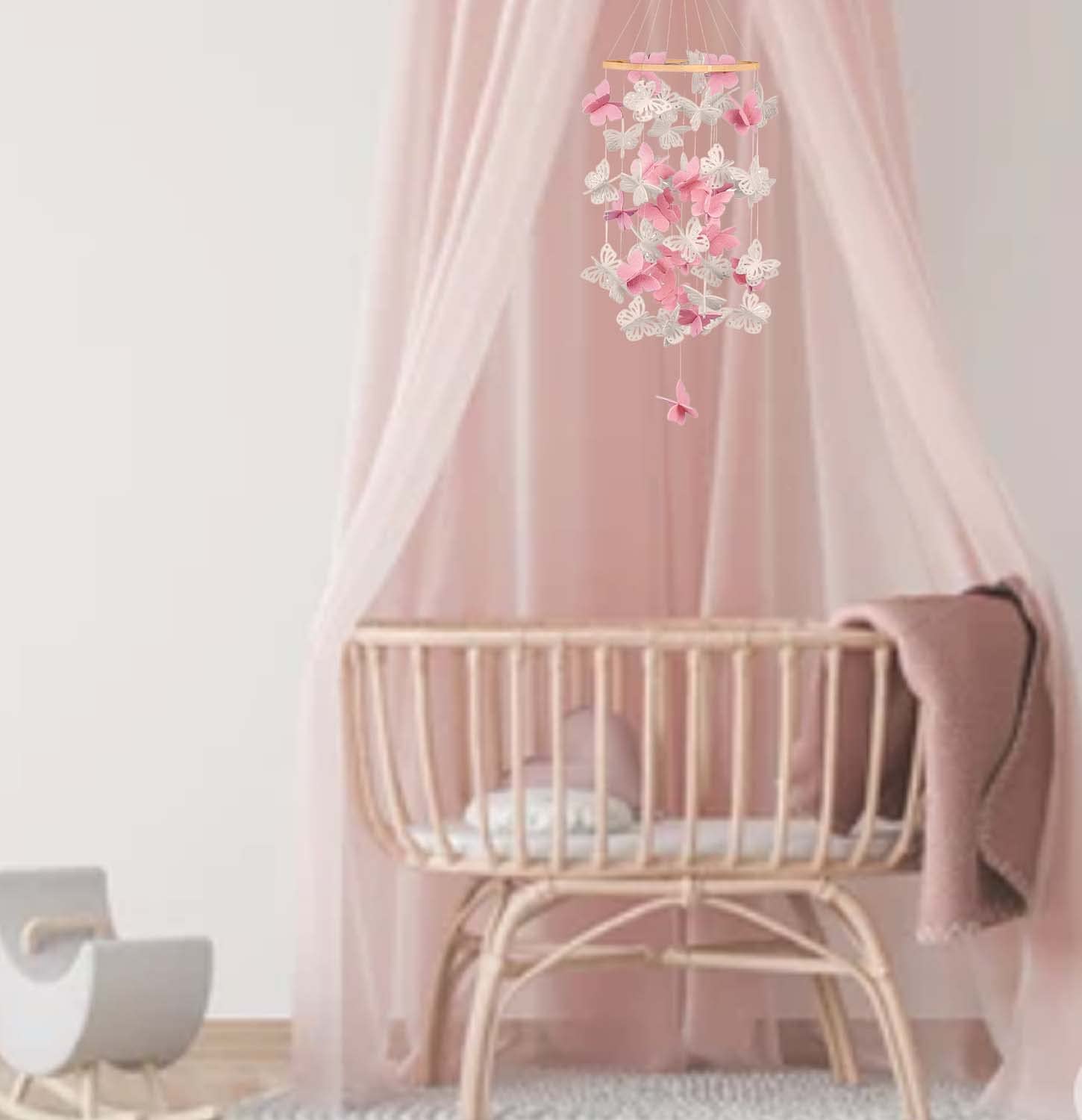 Just Joyer Baby Mobile for Crib Girl–Handmade with 45 Butterflies–Unique Toys Nursery Decor–Premium Felt Material with Wood Frame–Includes Butterfly Garland