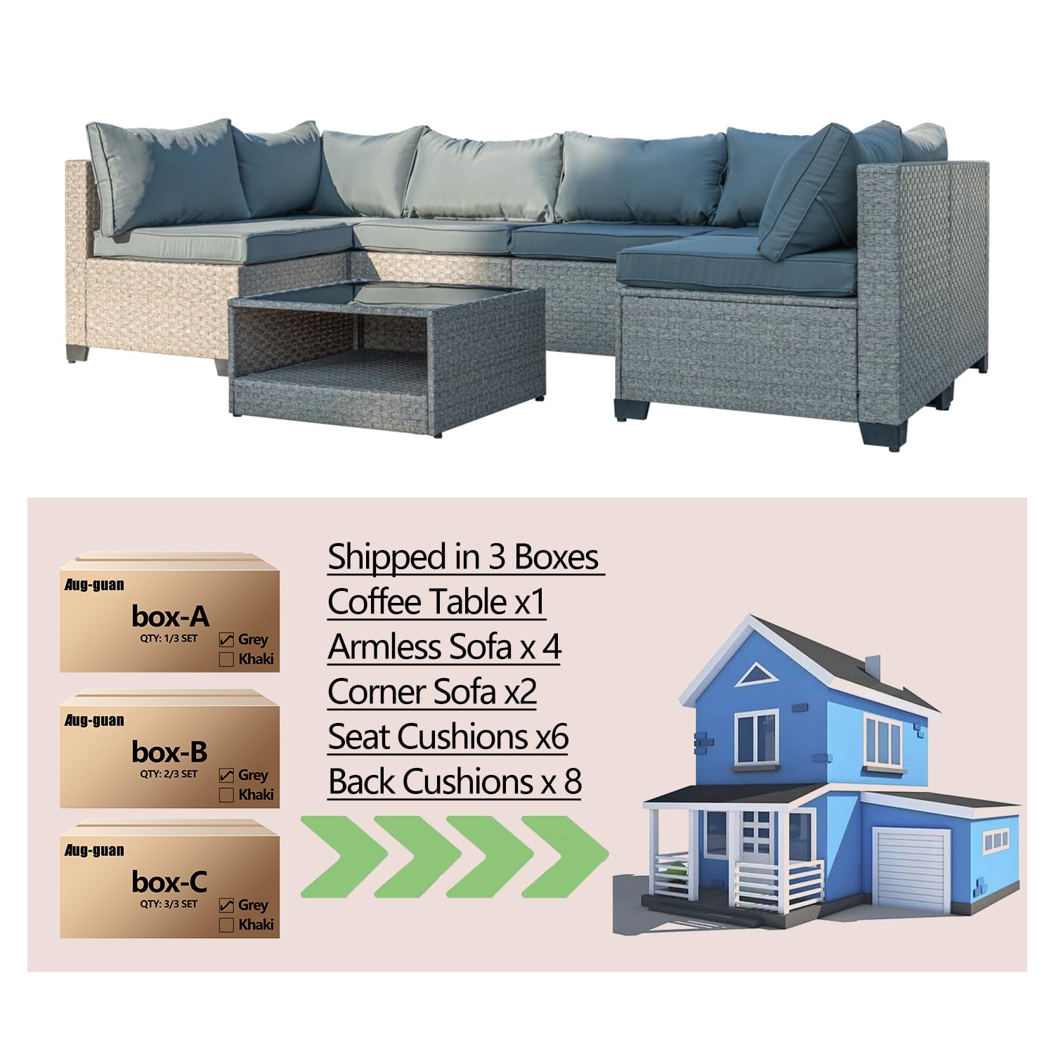 Aug-guan 7-Piece Patio Furniture Set, All-Weather Outdoor Conversation Set Sectional Sofa with Water Resistant Grey Thick Cushions and Coffee Table(Grey)