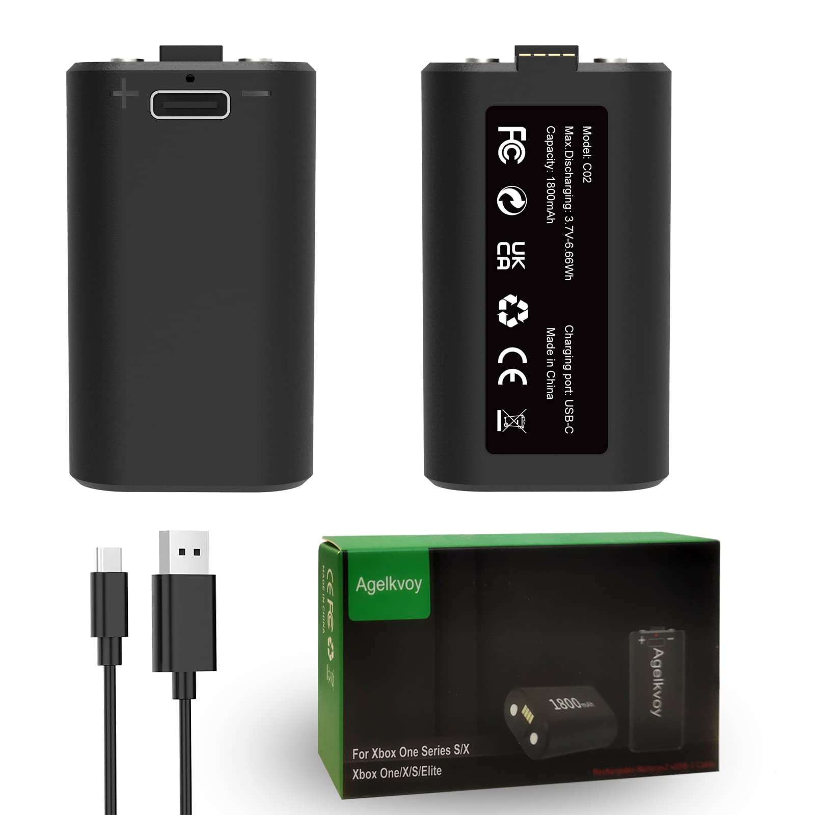 Agelkvoy Xbox One Controller Battery Pack, Controller Battery Pack for Xbox One/X/S/Elite, Xbox Series X|S, 2 X 1800mAh Rechargeable Battery Pack with LED Indicators (USB Type C Charging Cable)