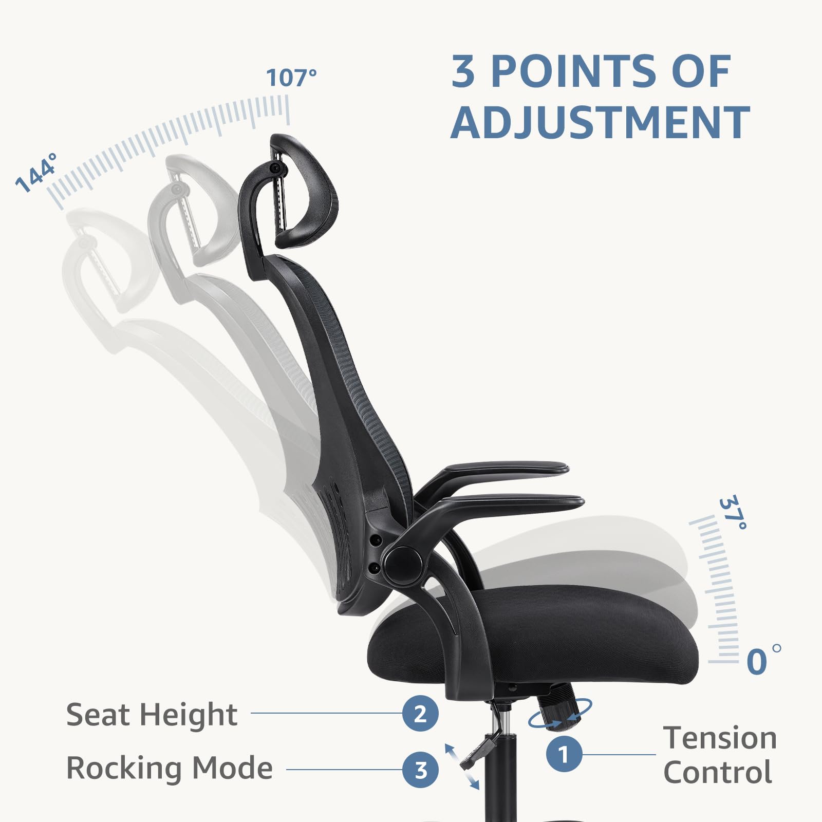 OLIXIS Ergonomic Office High-Back Mesh Computer Desk Wheels, Adjustable Headrest and Flip-Up Arms, Swivel Comfy Padded Rolling Task Chairs for Home Study Bedroom Gamer, Black, 26.69 x 25.39 x 52.95