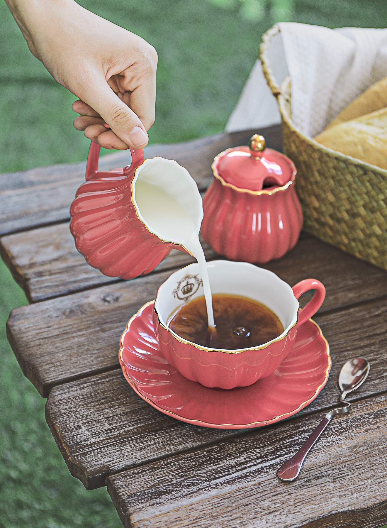 Amazingware Porcelain Tea Set - Tea Cup and Saucer Set Service for 6, with 28 ounces Teapot Sugar Bowl Cream Pitcher Teaspoons and Tea Strainer - for Thanksgiving - Pumpkin Fluted Shape, Red