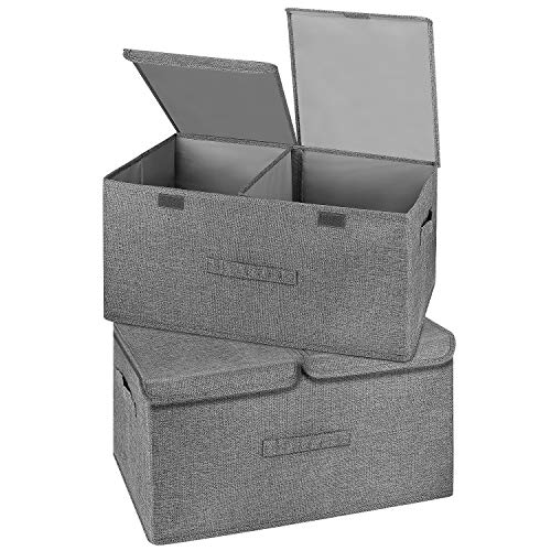 Valease 2 Pack Large Storage Boxes with Lids and Handles, Collapsible Linen Storage Bins Organizer Containers Baskets Cube with Removable Divider for Home Bedroom Closet Office (Grey, Large)