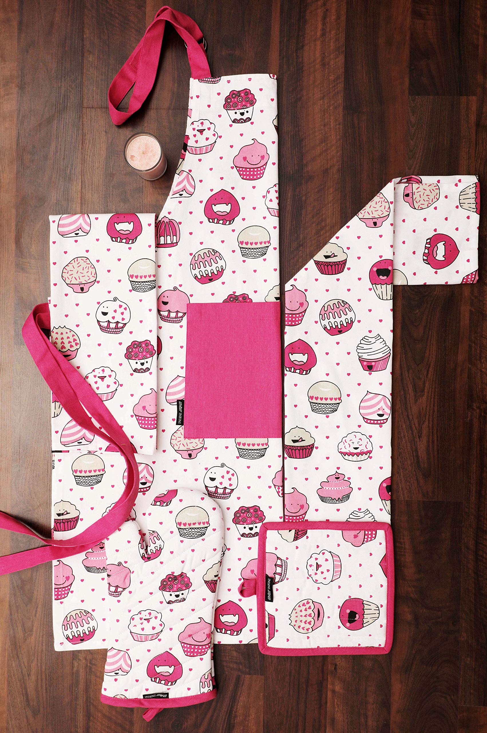 AMOUR INFINI Oven Mitts Set of 1 - Non-Slip Oven Mitts for BBQ, Cooking, Grilling, Baking - Heat Resistant Oven Gloves Quilted Liner with Hanging Loop (Valentine Cup Cake - 7x13 Inches)