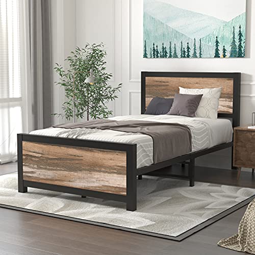 Catrimown Twin Bed Frames, Twin Size Platform Bed Frame with Wooden Headboard, Rustic Bed Frame with Strong Slat Support, No Box Spring Needed, 12”Under Bed Storage, Easy Assemble, Twin