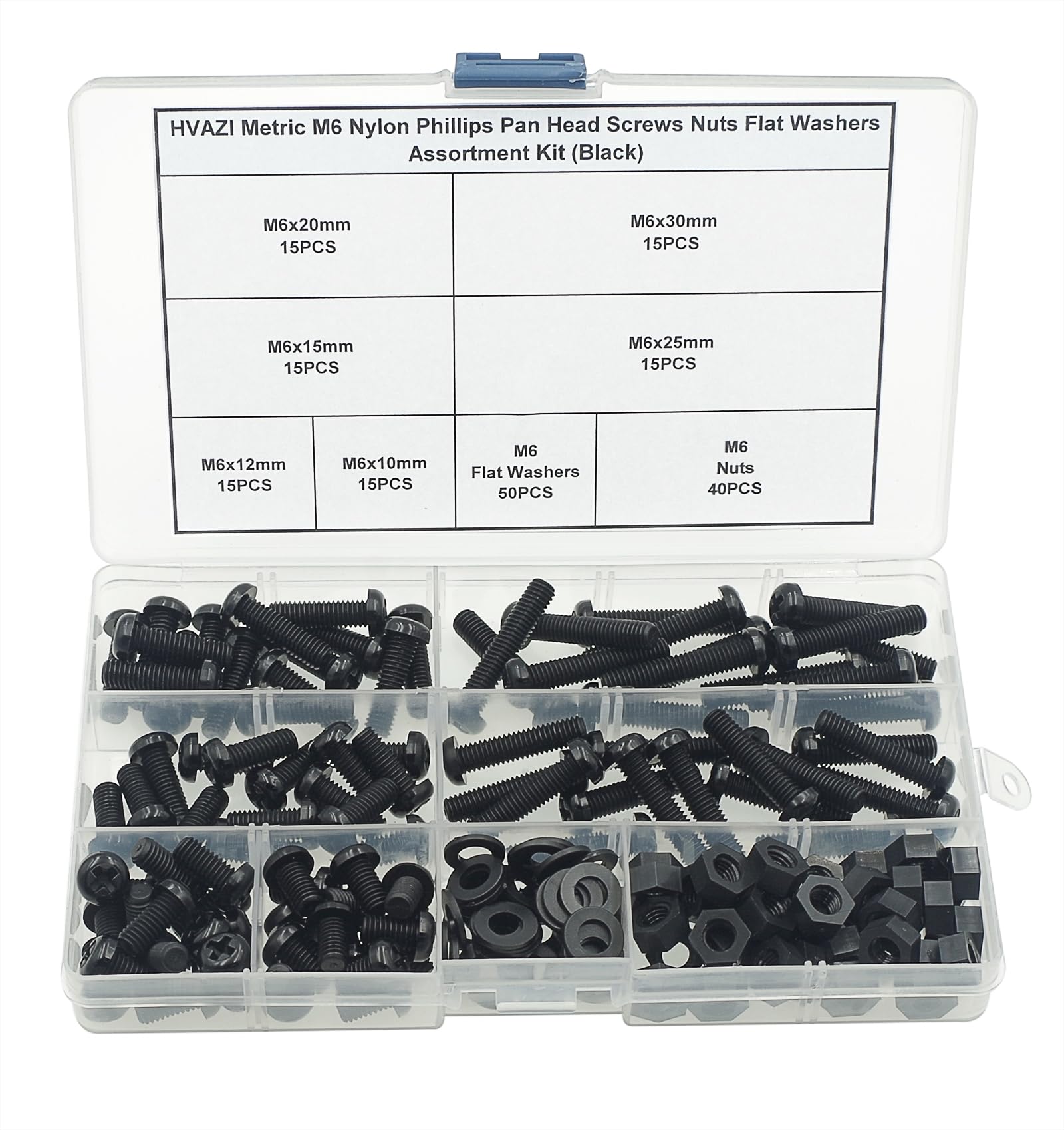 HVAZI Metric M6 Nylon Phillips Pan Head Screws Nuts Flat Washers Assortment Kit (Black)