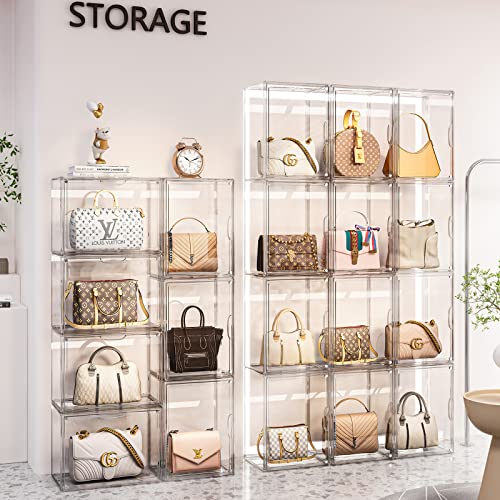 Clear Handbag Storage Organizer for Closet, 3 Packs Acrylic Display Case for Purse/Handbag, Plastic Storage Containers with Magnetic Door, Acrylic Box Organizers for Collectibles, Toys, Figures
